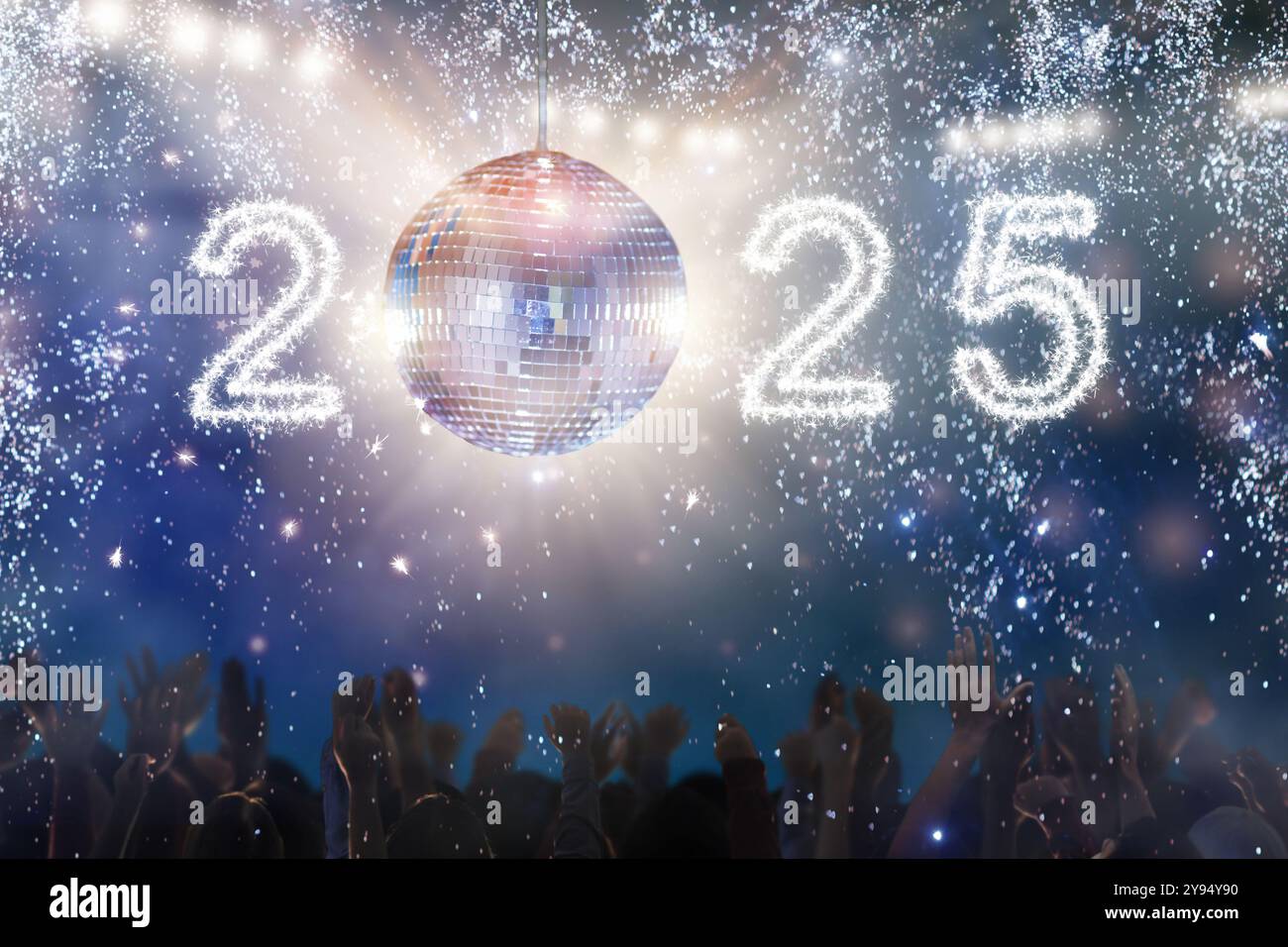 2025 New Year disco party in a night club. Glowing numbers lantern ...