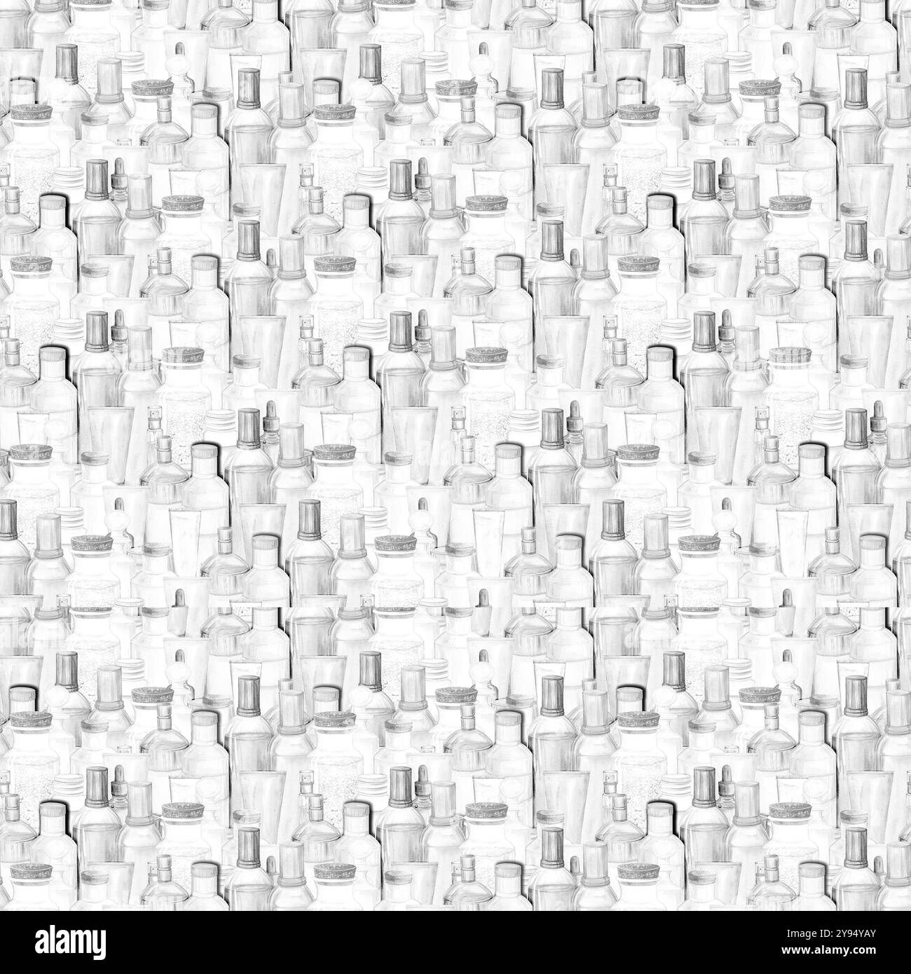 Seamless pattern of shampoo, perfume, cream bottles. Black and white ...