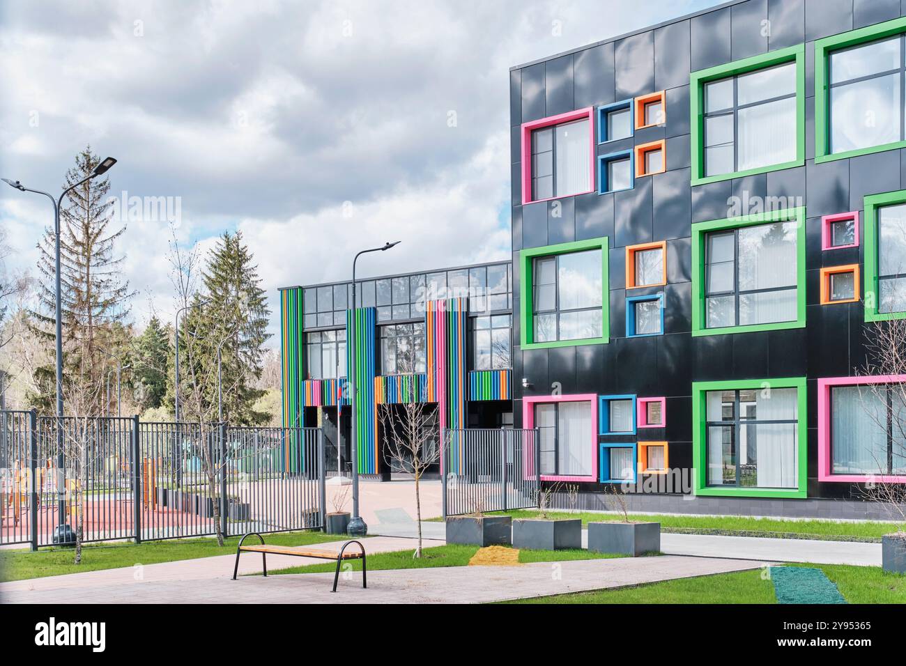 Modern buildings of primary school and kindergarten, New Moscow, Russia ...