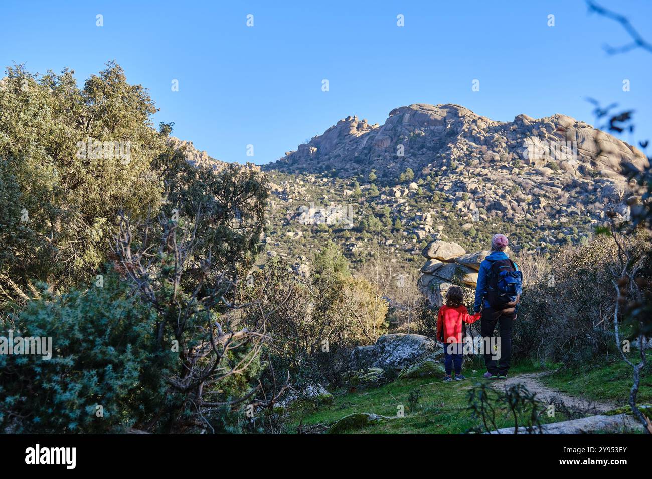A Mother and son treking together admiring mountain scenery Stock Photo ...