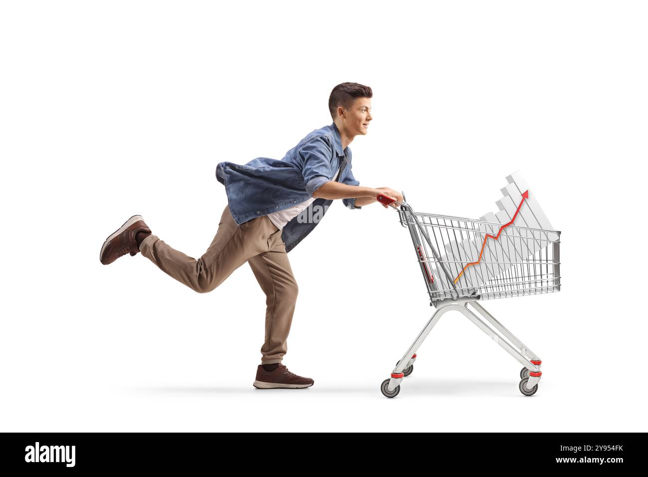 Guy running with a shopping cart with a bar chart inside isolated on ...