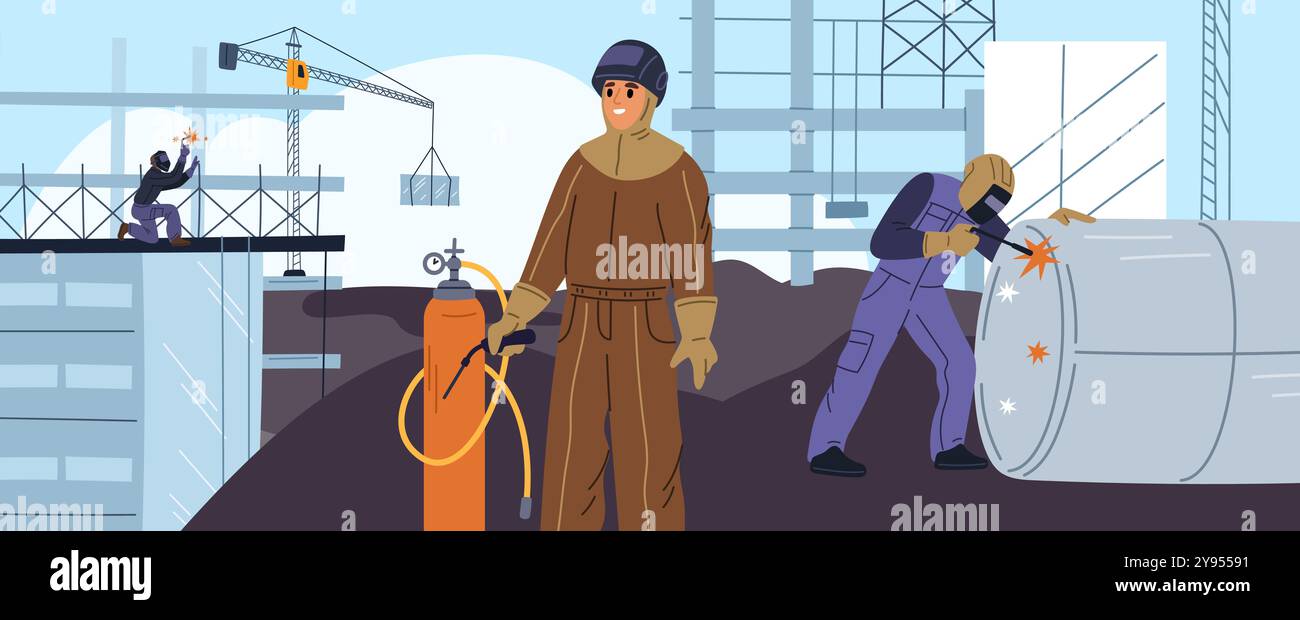 Builders and welders work at construction site. Workers welding of ...