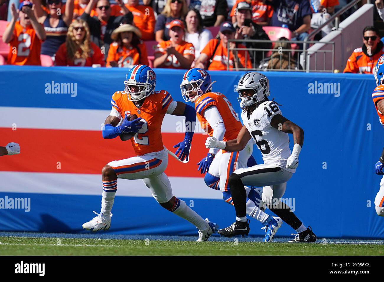 Denver Broncos cornerback Pat Surtain II (2) intercepts a pass for a 100 yard touchdown against ...