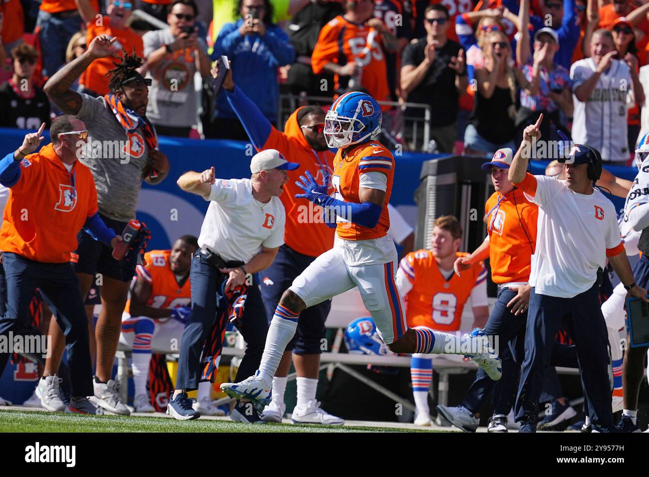 Denver Broncos cornerback Pat Surtain II (2) intercepts a pass for a 100 yard touchdown against ...