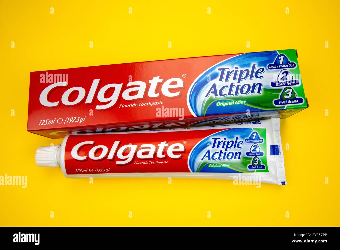 colgate brand toothpaste isolated on a yellow background Stock Photo ...