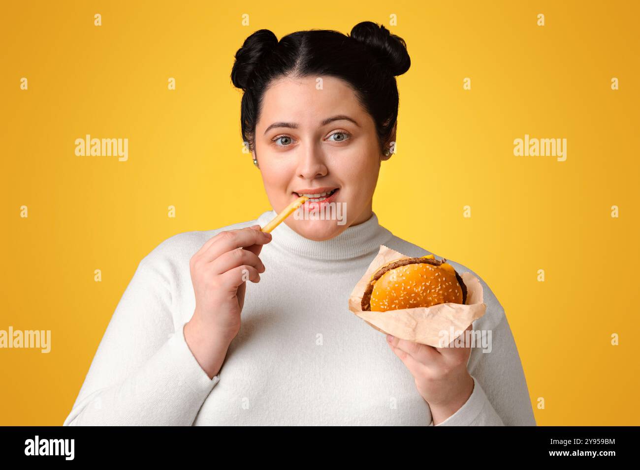 Young Overweight Woman Enjoying Fast Food, Eating Hamburger And French ...
