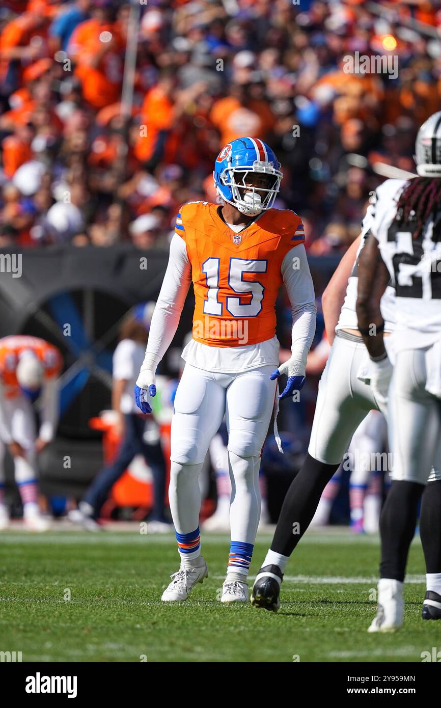 Denver Broncos linebacker Nik Bonitto (15) makes a play against the Las ...