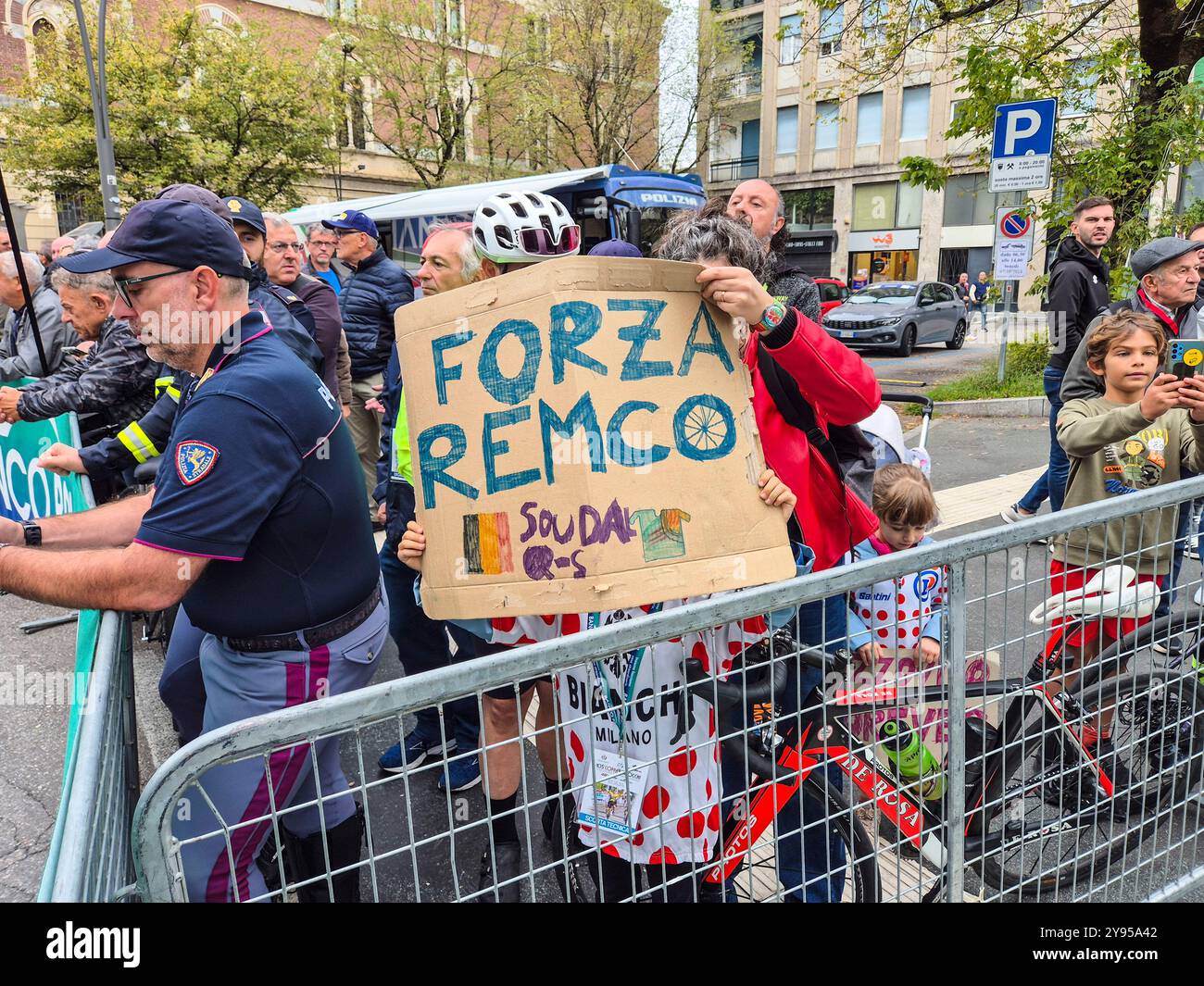 Italy, Legnano, Coppa Bernocchi 2024, a young fan of Remco Evenepoel ...