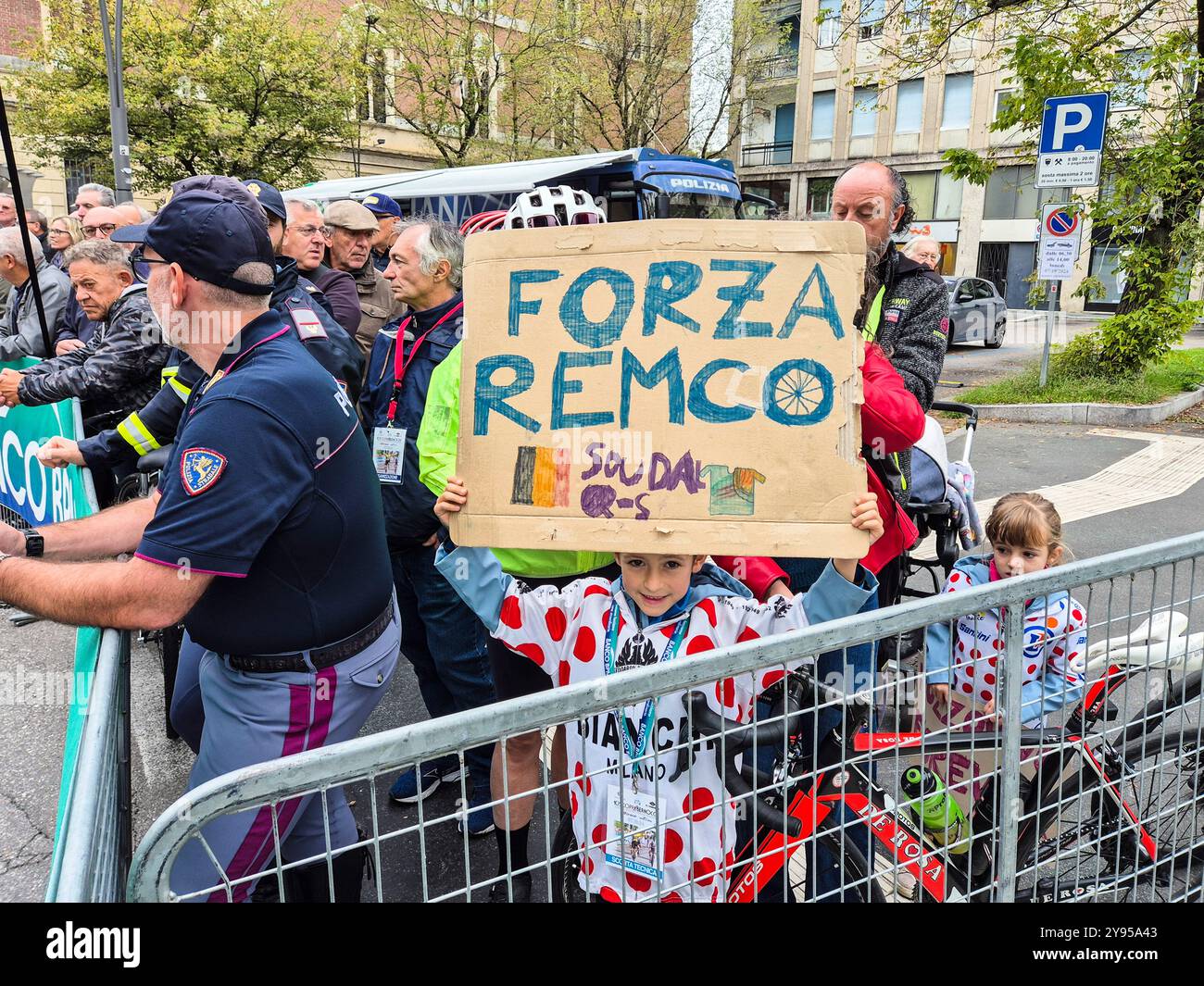 Italy, Legnano, Coppa Bernocchi 2024, a young fan of Remco Evenepoel ...