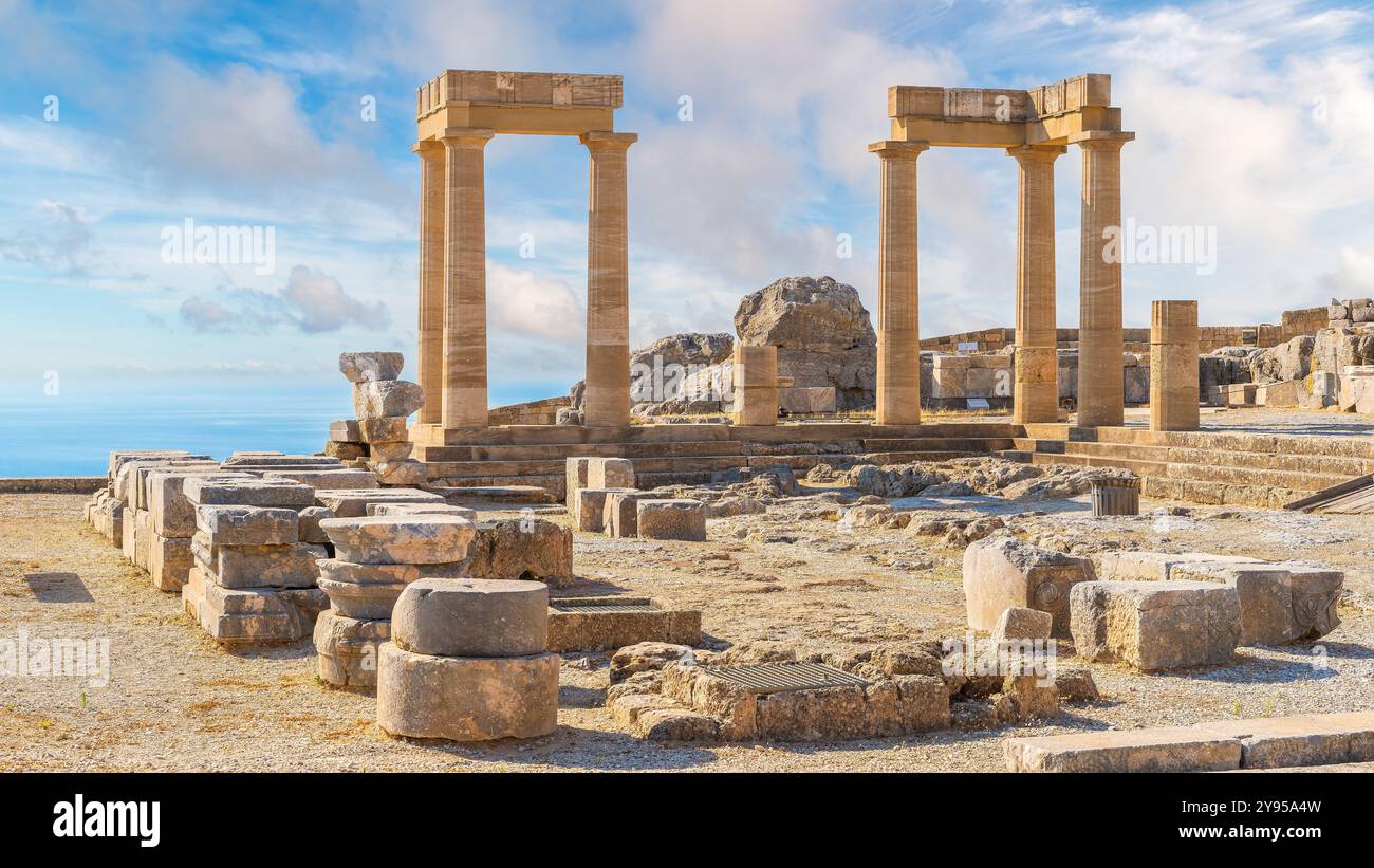 Ruins of ancient acropolis temple in Lindos, Rhodes, Greece Stock Photo ...