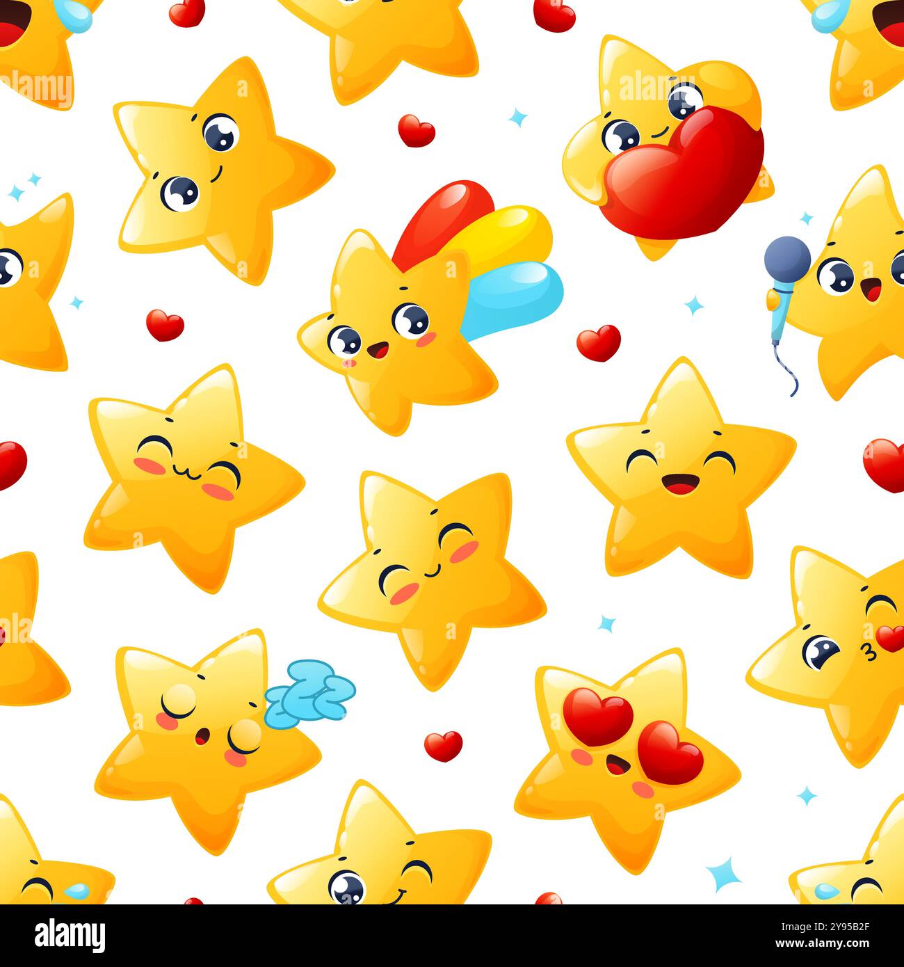 Funny little stars seamless pattern. Kawaii cartoon characters, happy ...