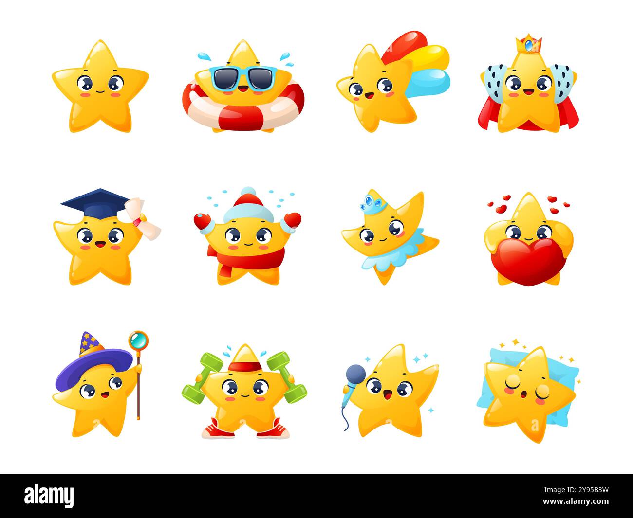 Cartoon funny stars characters. Cute little mascots with positive ...