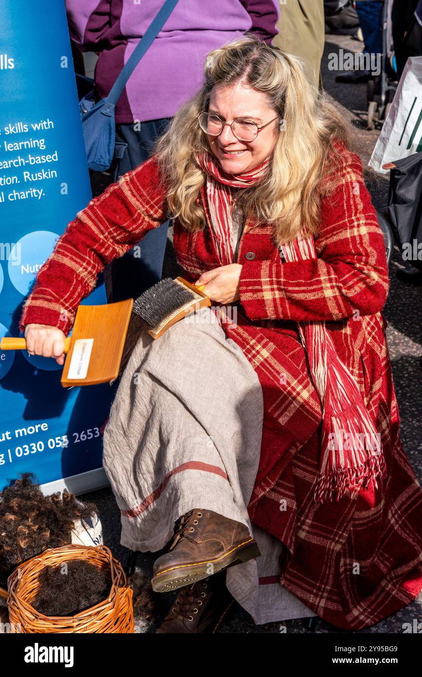 A Woman Demonstrating Hand Carding Of Wool At The Annual Sheep Drive ...