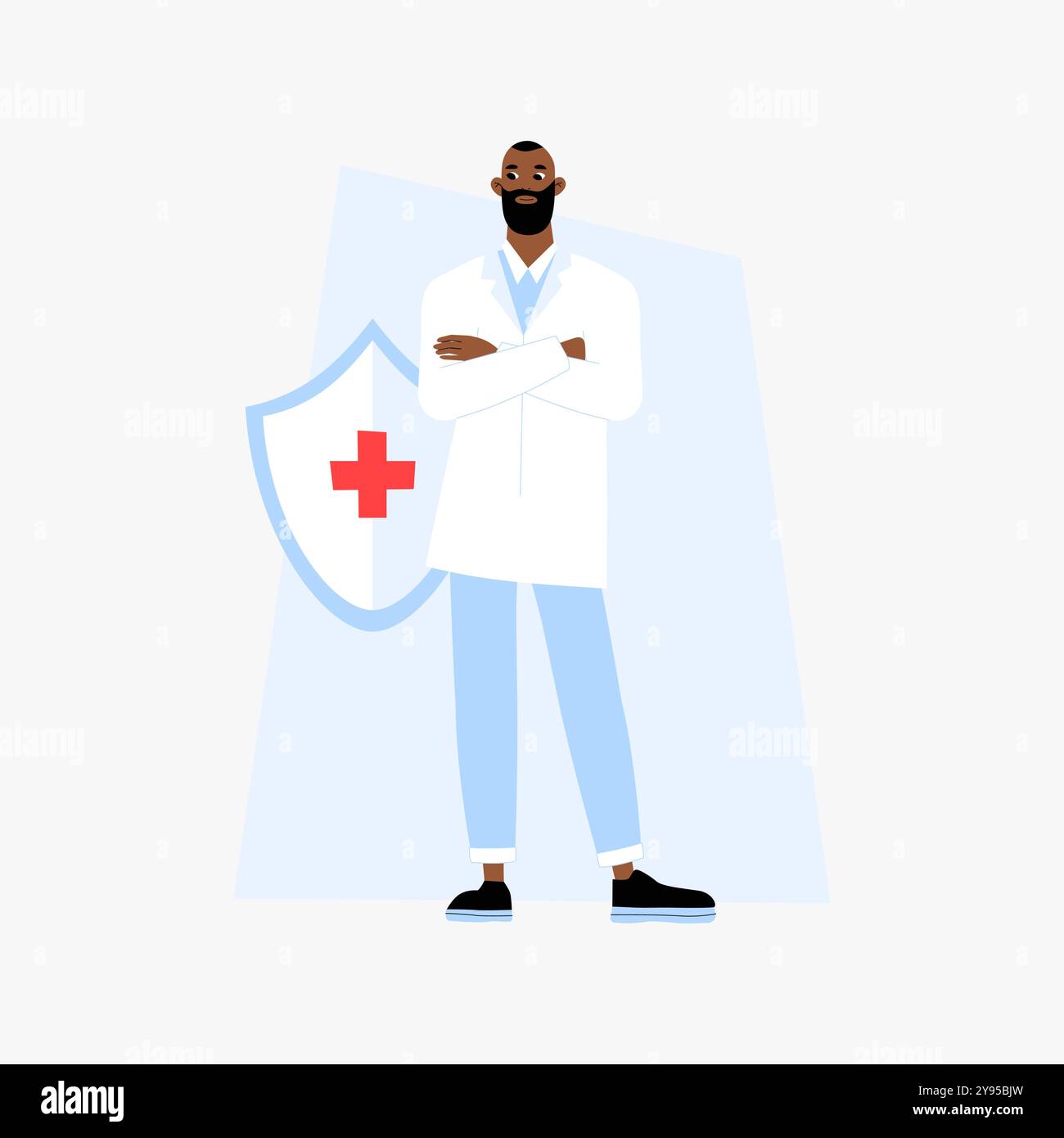 Male doctor with shield symbolizing health protection and medical care ...