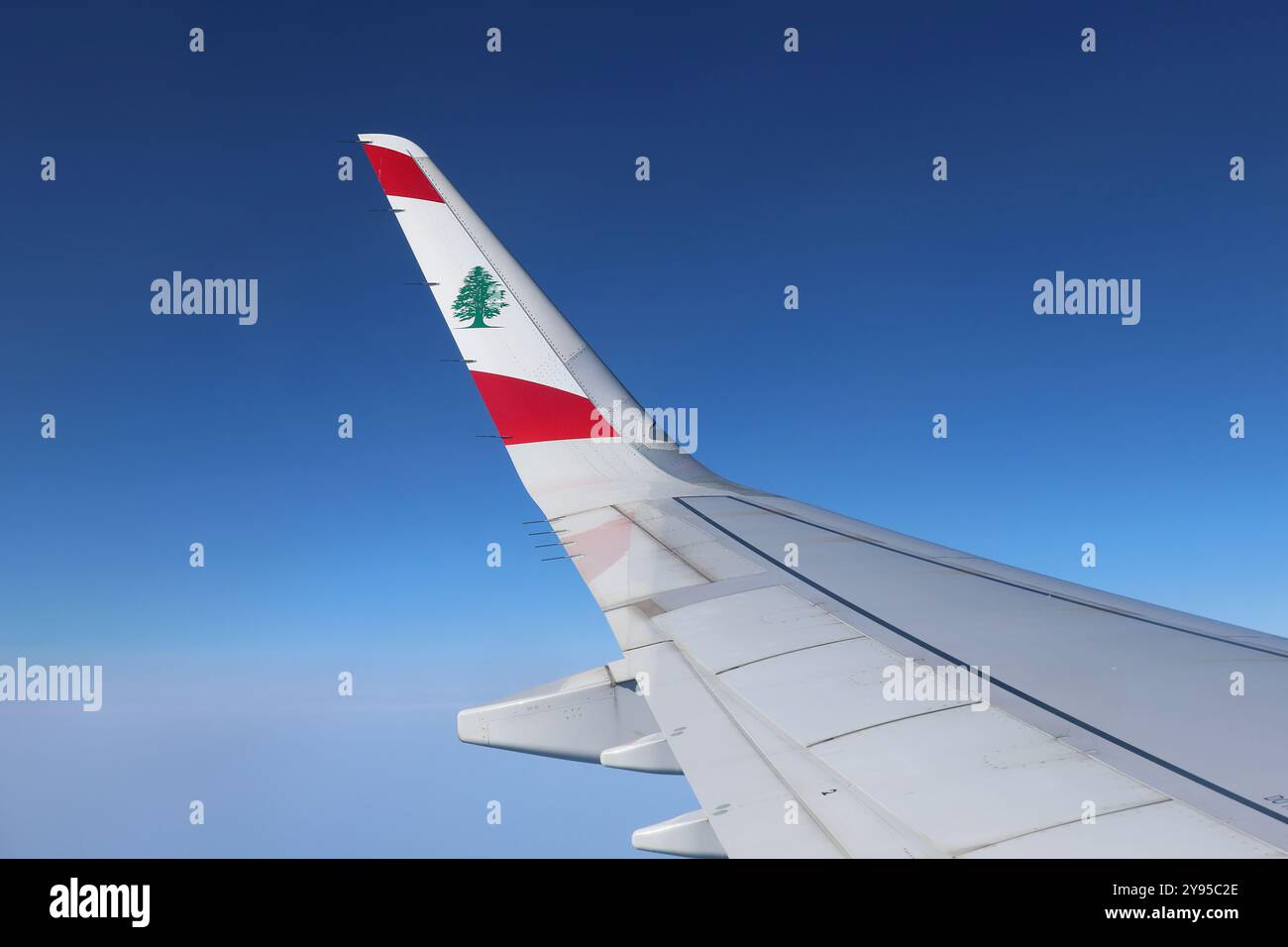 The wing of a Middle East Airline plane with the cedar emblem Stock ...