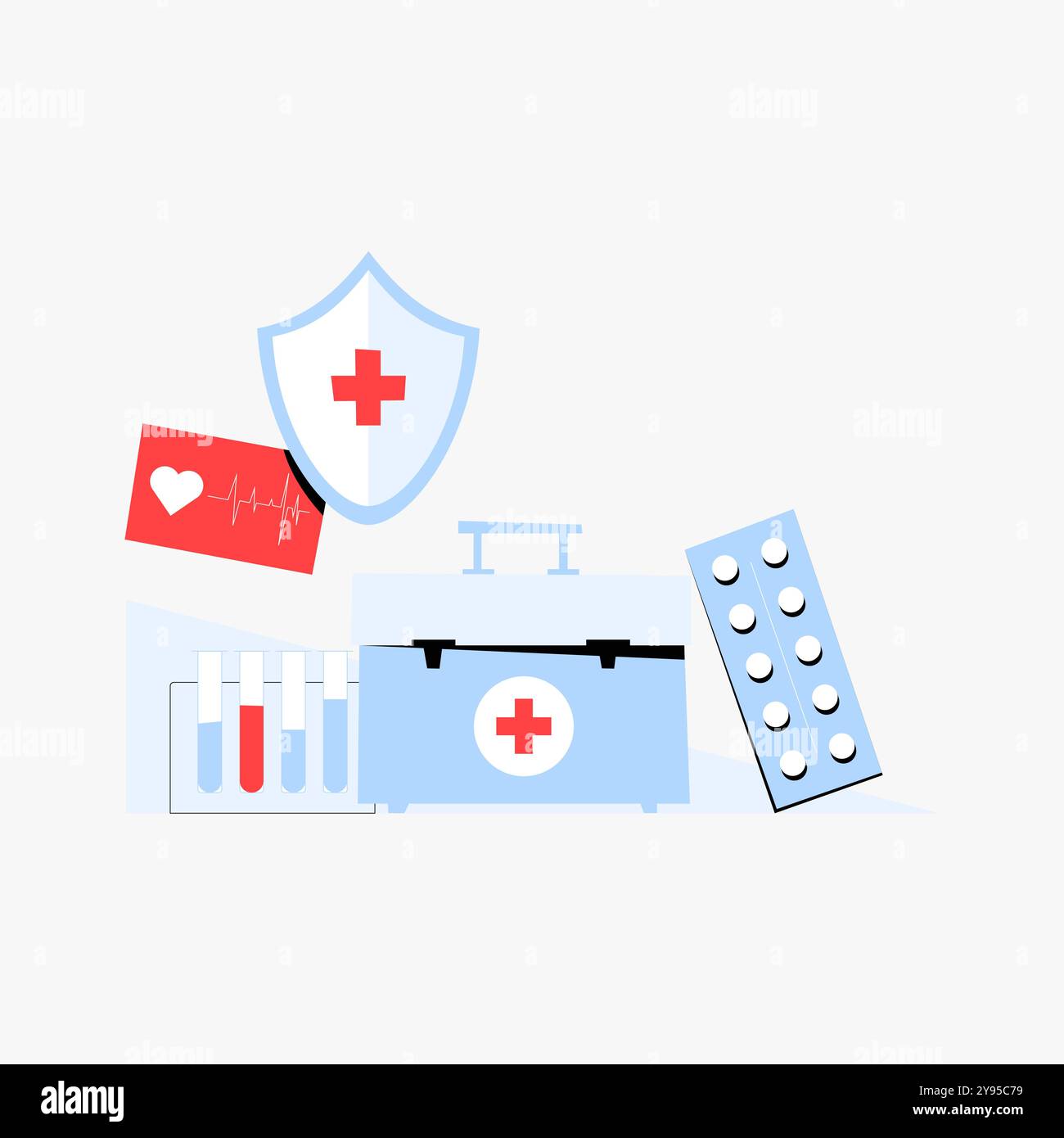 Medical first aid kit and supplies in flat vector illustration ...