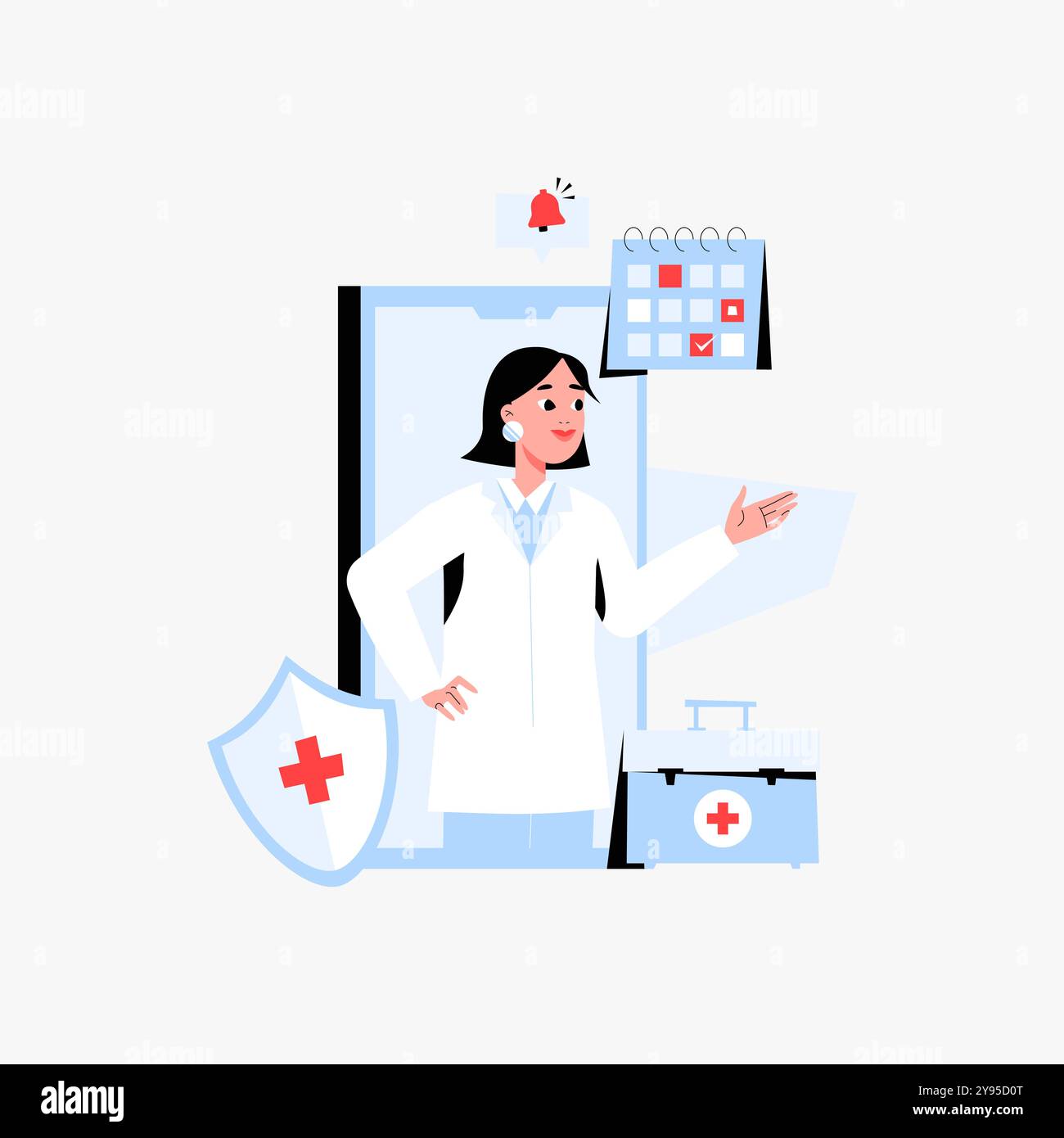 Female doctor with medical tools and shield symbolizing healthcare ...