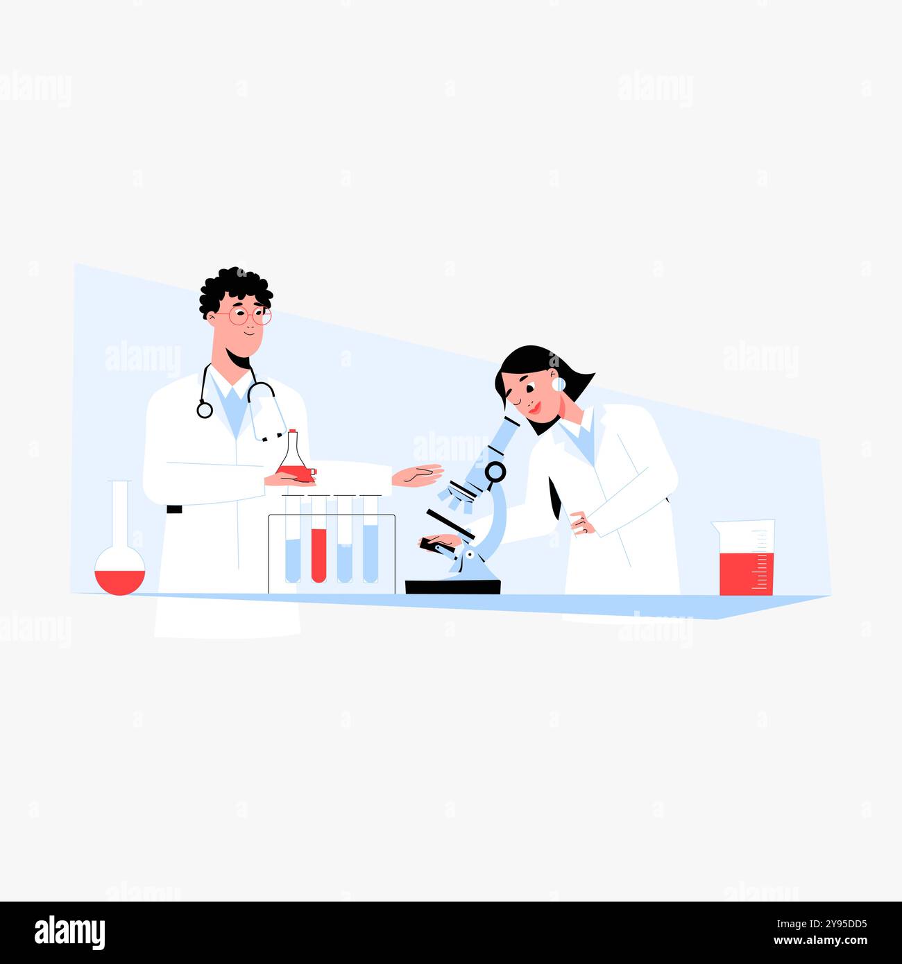 Male and female medical scientists in flat vector illustration symbolizing research, teamwork ...