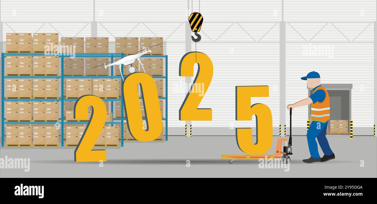 New Year concept. New Year 2025 numbers using warehouse equipment ...