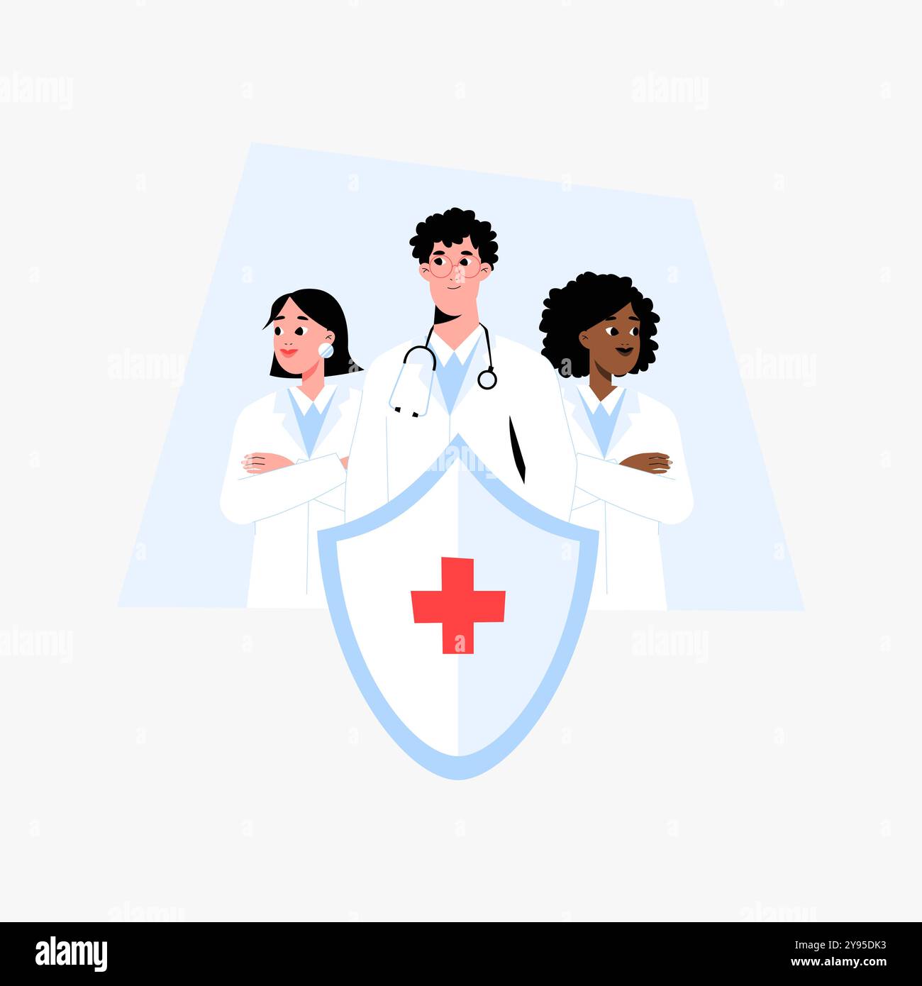 Team of healthcare professionals with shield in flat vector ...