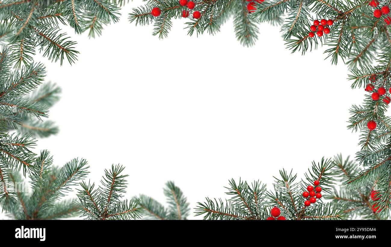 Festive Christmas frame made of coniferous branches decorated with ...