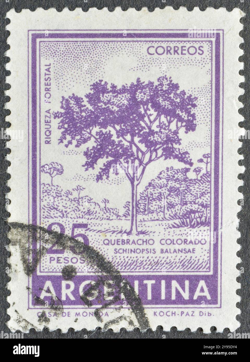 Cancelled postage stamp printed by Argentina, that shows Red Quebracho ...