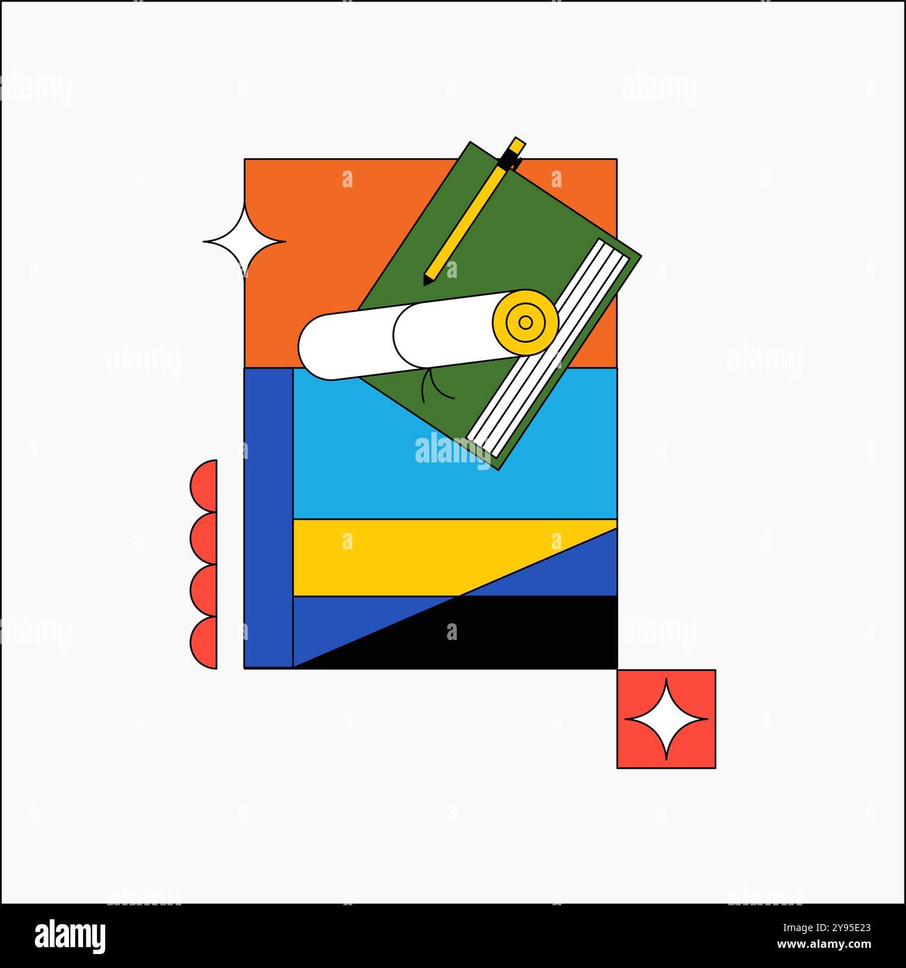 Stack of books with diploma and notebook in flat vector illustration ...