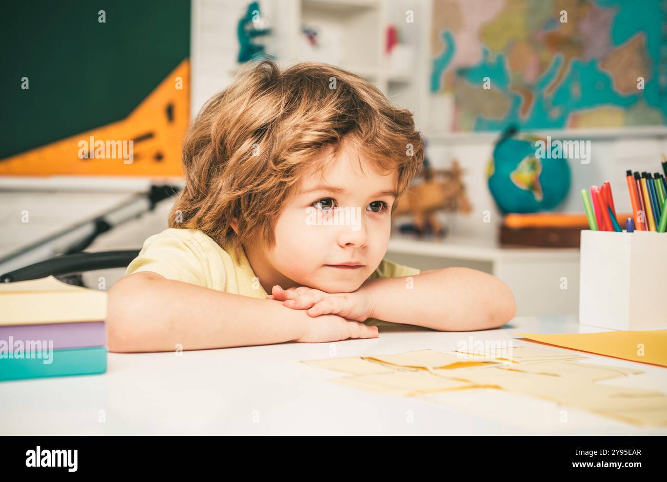 Beginning of lessons. Kids gets ready for school. Happy cute ...