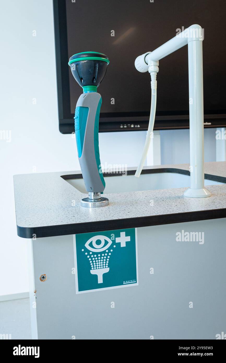 Eye wash in a high school laboratory. Used to rinse out eyes in case ...