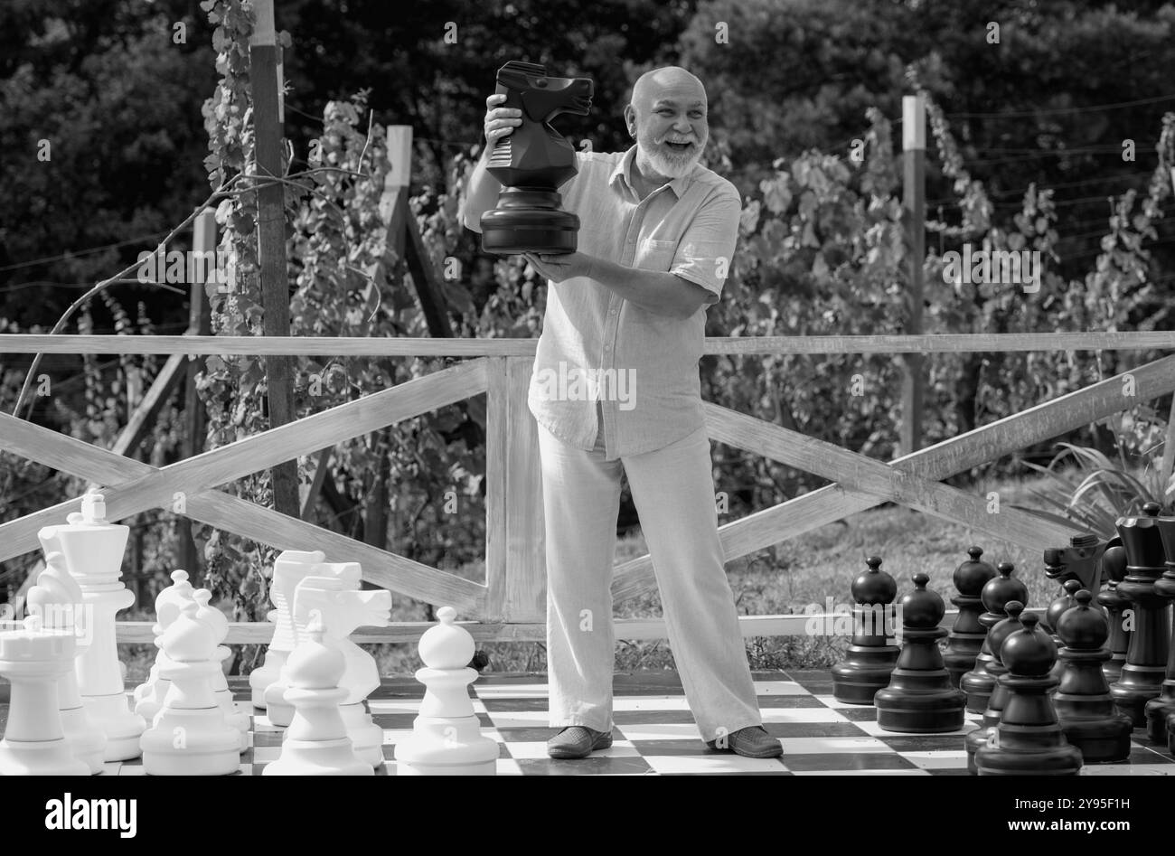 Excited senior playing chess on big chessboard in the park. Chess game ...