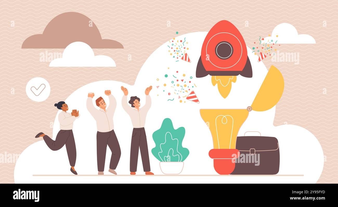 Business project management, start and implementation by happy team of employees. Tiny people ...