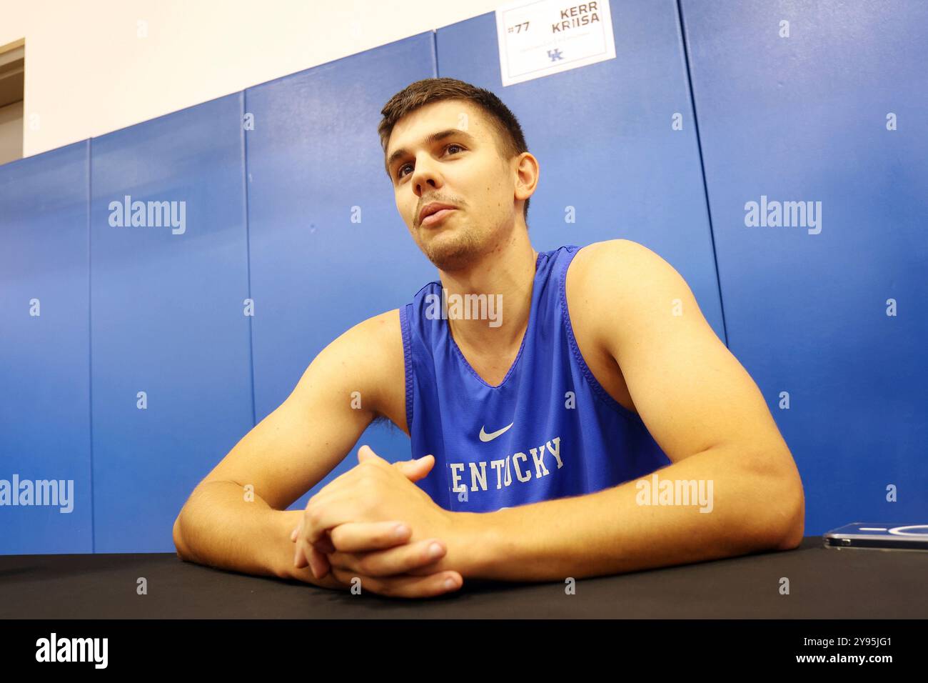 Kentucky basketball's Kerr Kriisa (77) speaks to the media on media day ...