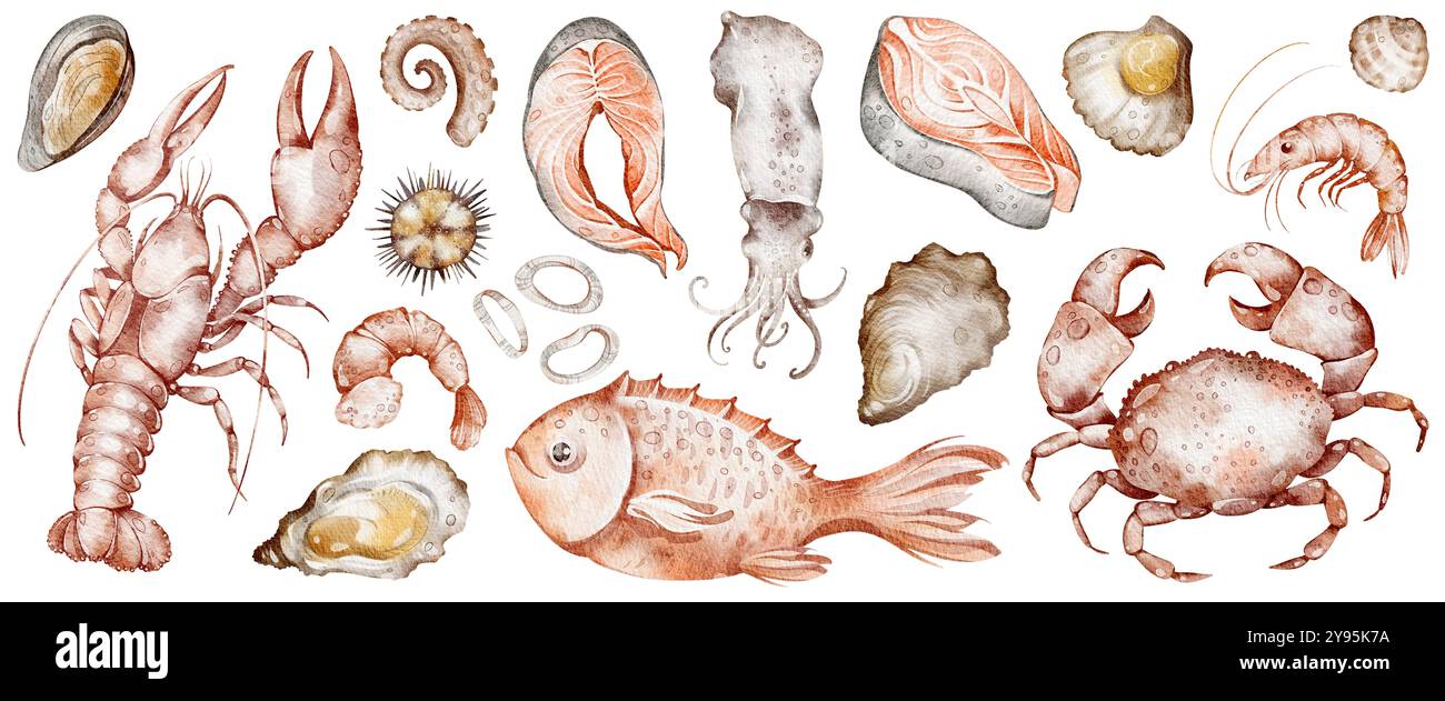 Seafood Watercolor clipart marine food on isolated background. Hand ...