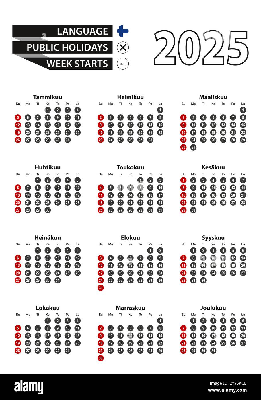 Finnish calendar 2025 with numbers in circles, week starts on Sunday ...
