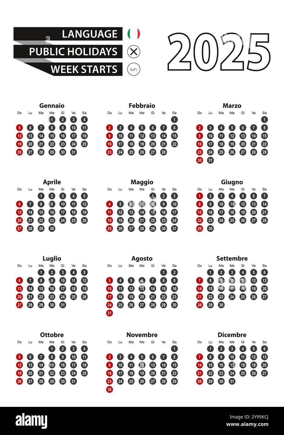 Italian calendar 2025 with numbers in circles, week starts on Sunday ...