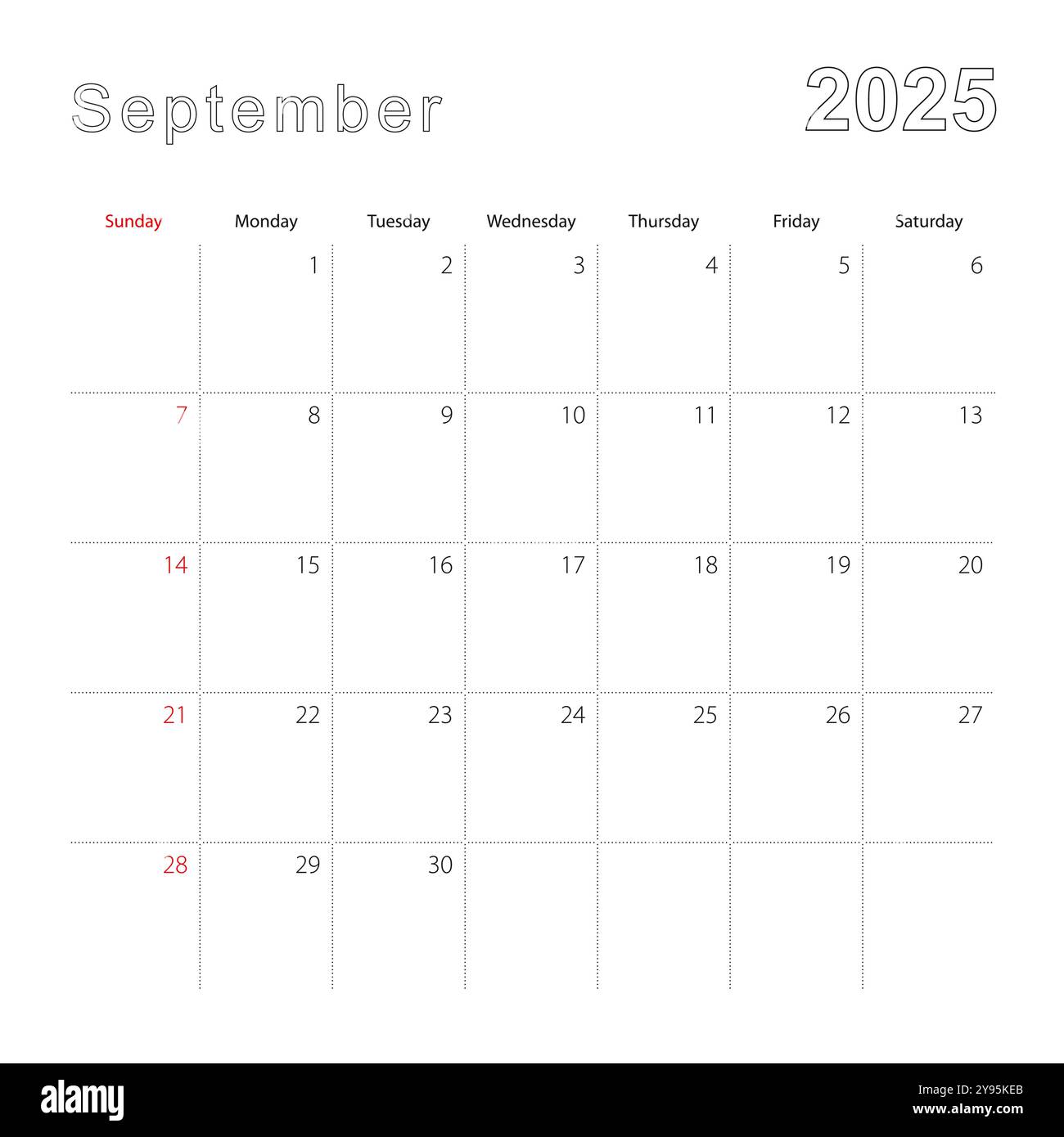 Simple wall calendar for September 2025 with dotted lines. The calendar ...