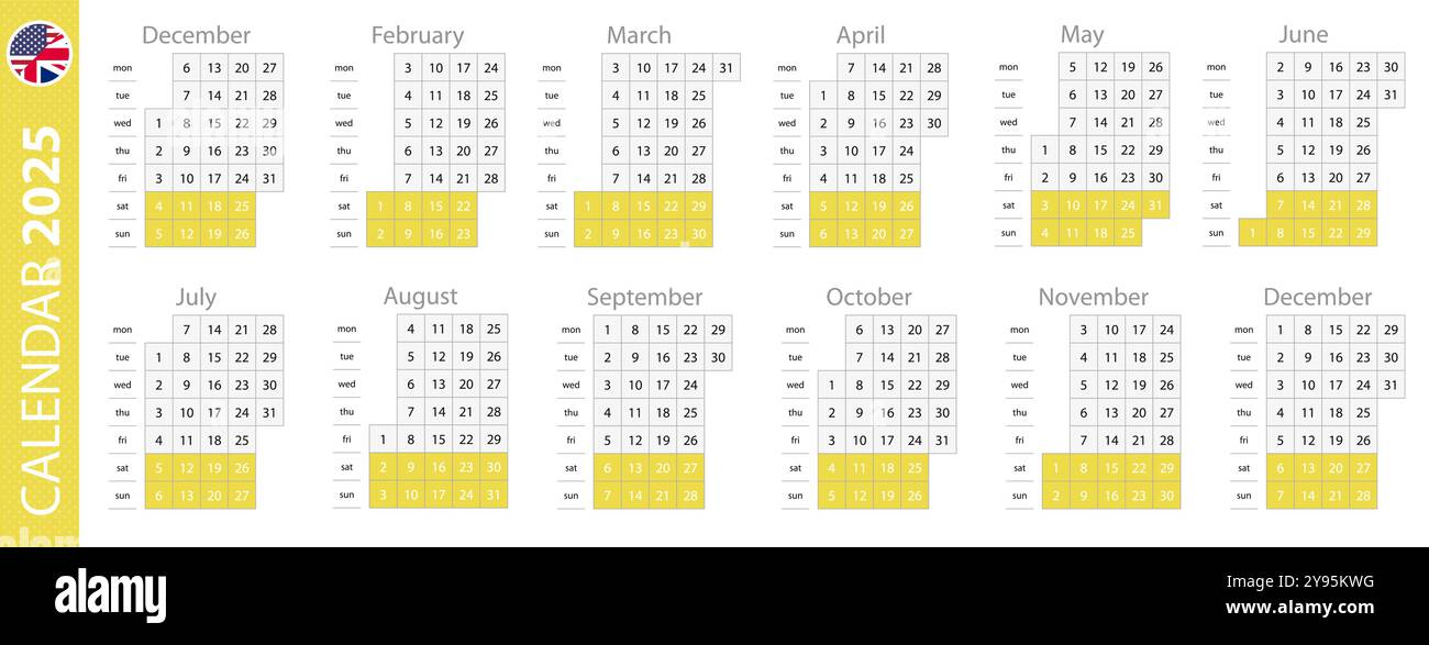 Calendar template for 2025 year, vertical grid design. Vector calendar ...