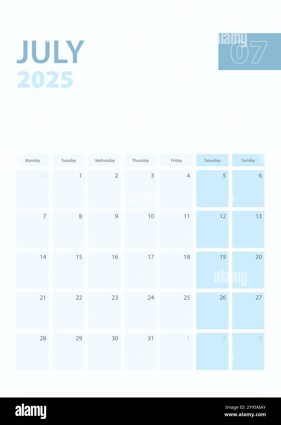 Vertical calendar page of July 2025, Week starts from Monday. Vector ...