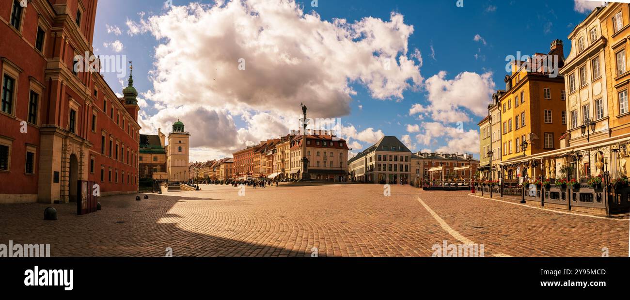 Panoramic view of Warsaw's historic market square under a vibrant blue ...