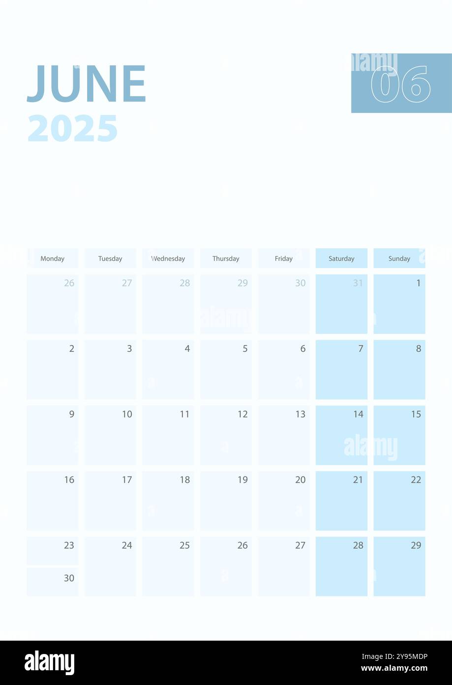 Vertical calendar page of June 2025, Week starts from Monday. Vector ...