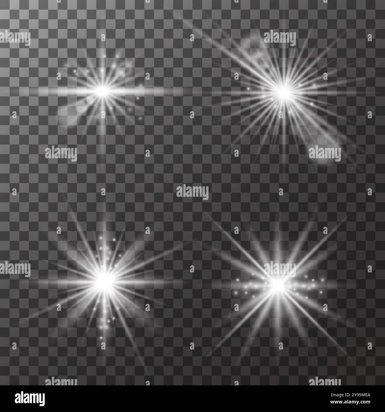 Set of bright white flashes of light, shining stars on transparent ...