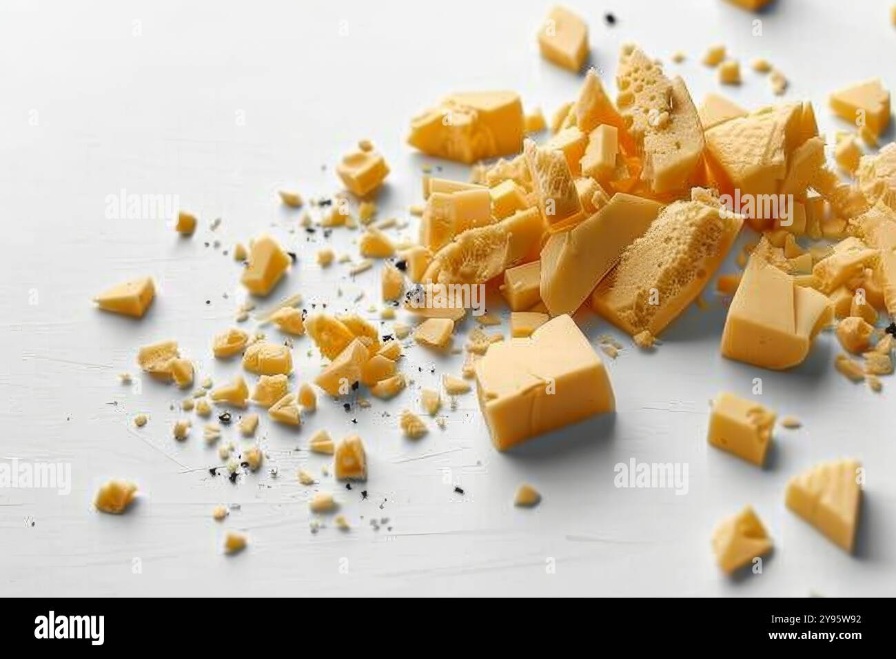 Realistic depiction of scattered small cheese pieces on a clean white ...