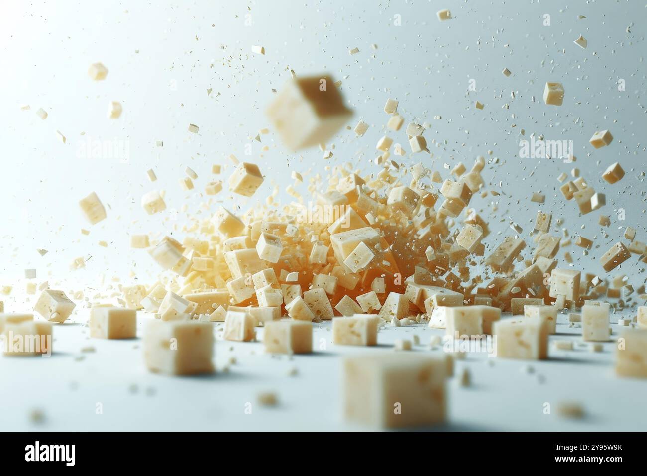 Realistic image of scattered small cheese pieces on a white background ...