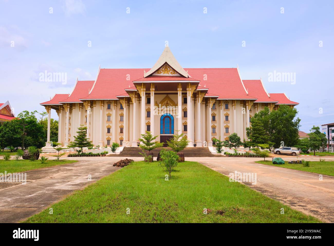 Exterior view of the traditional style of the large building. At the ...