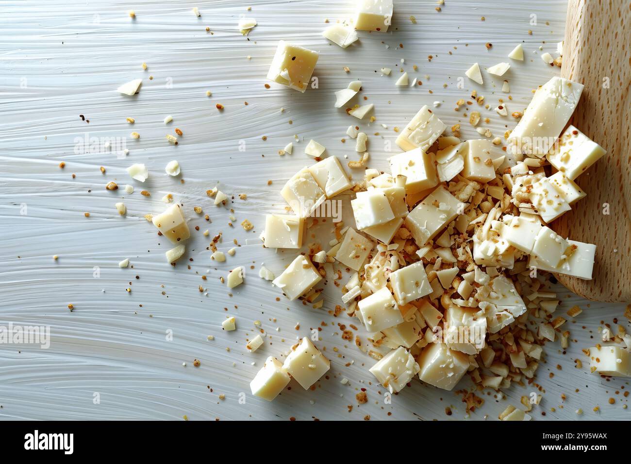 Realistic depiction of scattered small cheese pieces on a clean white ...