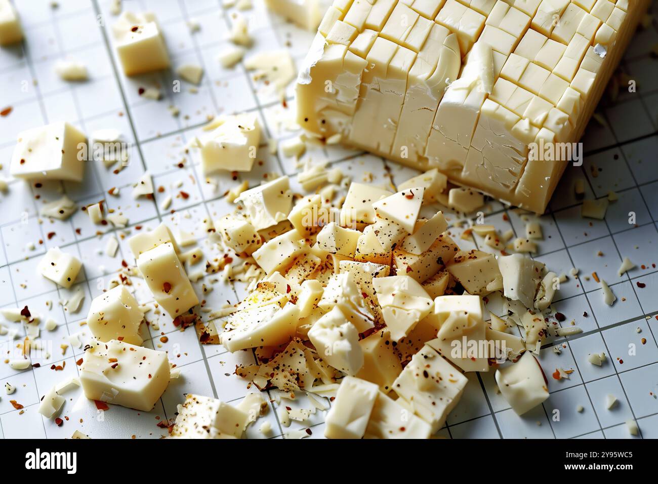 Realistic depiction of scattered small cheese pieces on a clean white ...