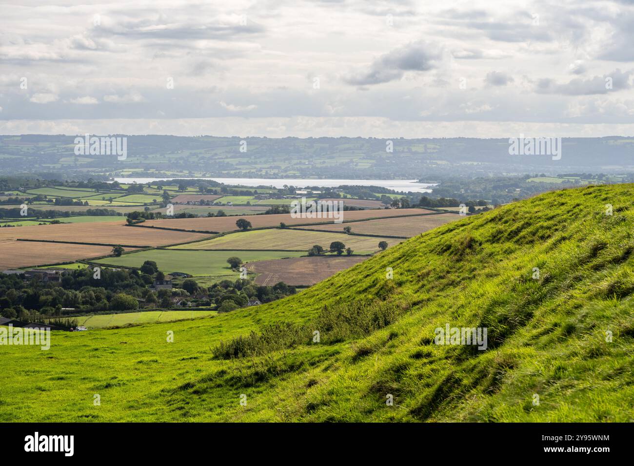 Sun shines on the Chew Valley Lake reservoir and the agricultural ...