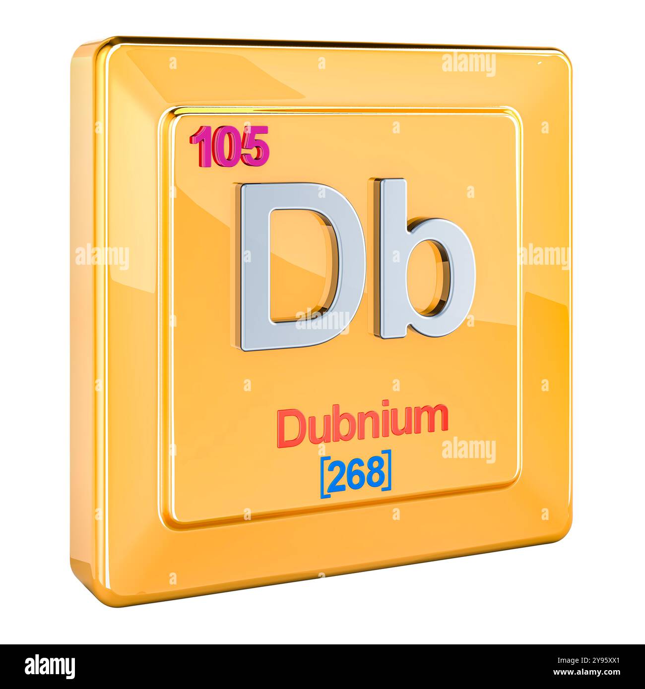 Dubnium Db, chemical element sign with number 105 in periodic table. 3D ...