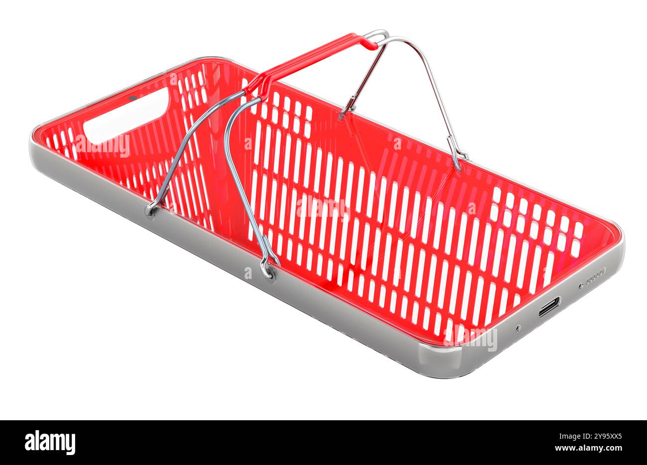 Smartphone as shopping basket. Online ordering, concept. 3D rendering ...