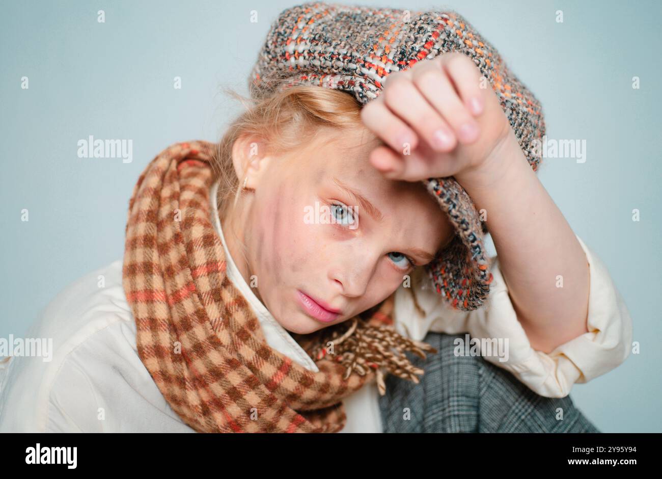 teen girl in retro suit. old fashioned child in beret. street kid with ...